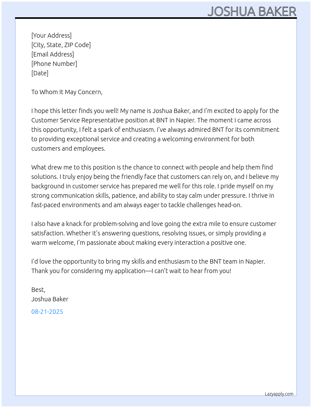 Cover letter for customer service representative napier - LazyApply