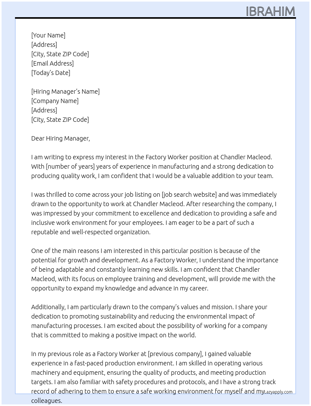 Cover letter for factory worker - LazyApply
