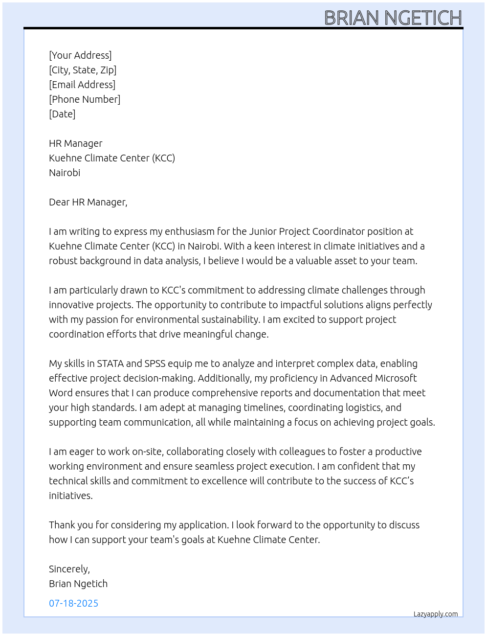 Cover letter for junior project coordinator - LazyApply