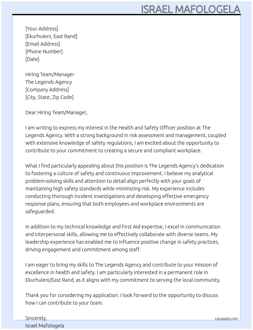 Cover letter for health and safety officer, - LazyApply
