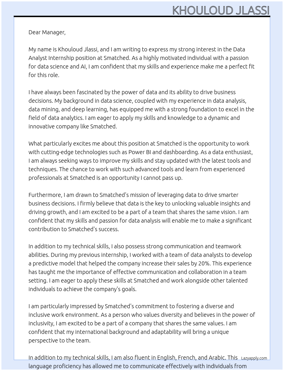 Cover letter for data analyst internship - LazyApply