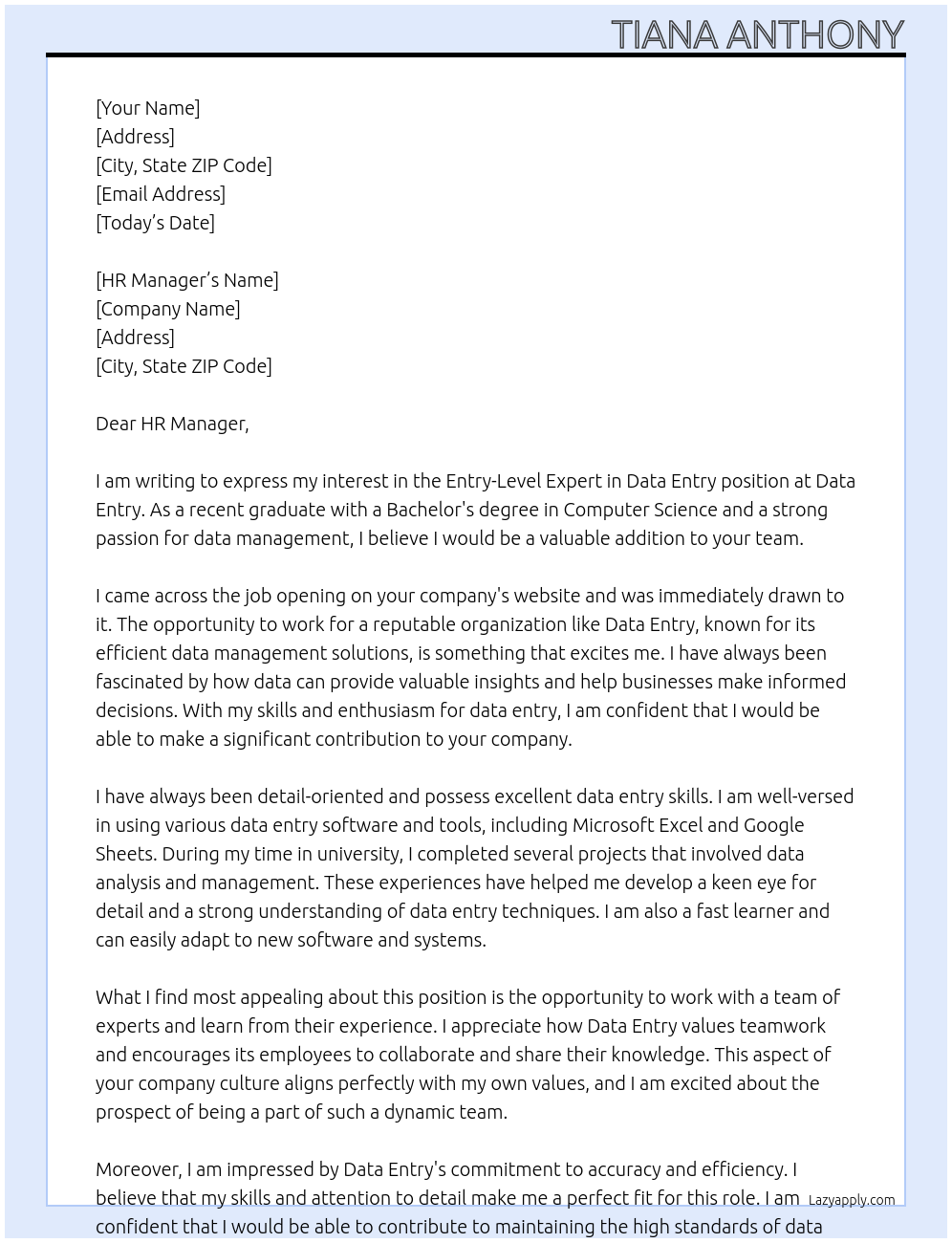 Cover letter for entry-level expert in data entry - LazyApply