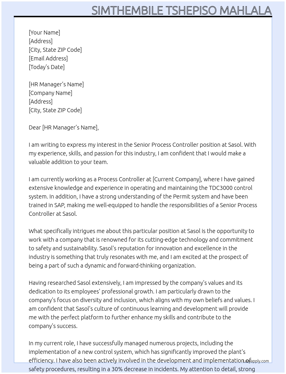 Cover letter for senior process controller - LazyApply