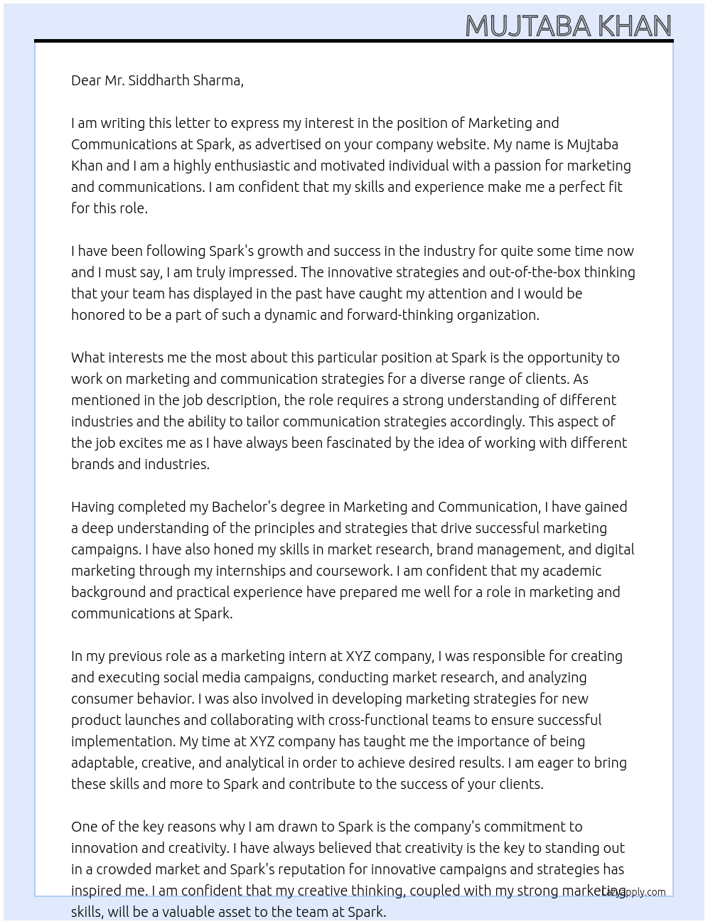 Cover letter for marketing and communications - LazyApply