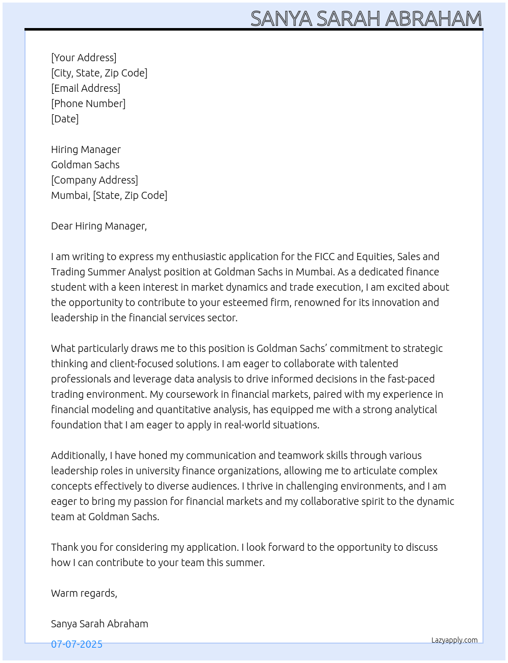 Cover letter for Goldman Sachs - LazyApply