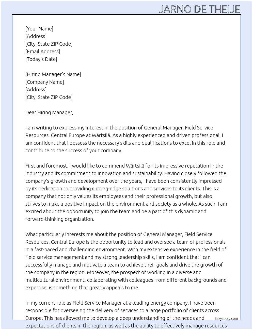 Cover letter for general manager, field service resources, central ...