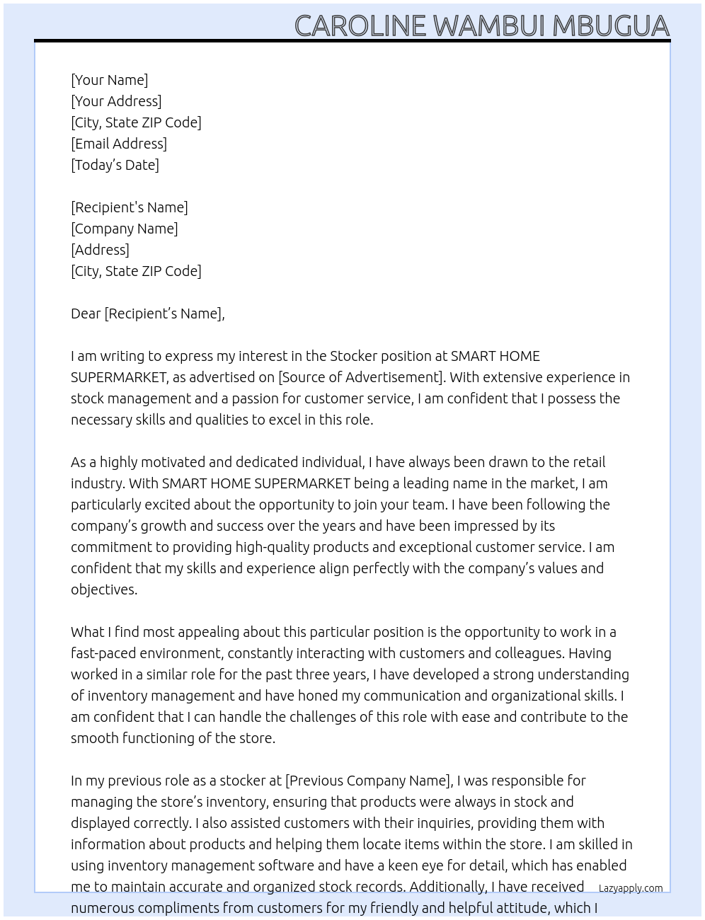 Cover letter for stocker - LazyApply