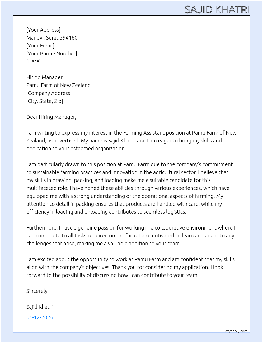 Cover letter for farming assistant - LazyApply