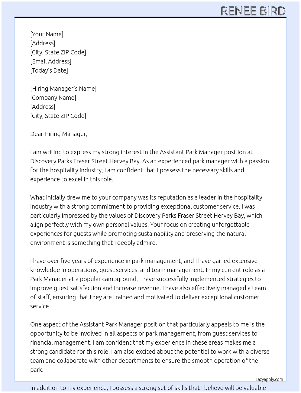 Cover letter for assistant park manager - LazyApply