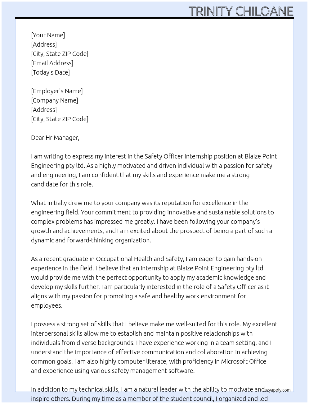 Cover letter for safety officer internship - LazyApply