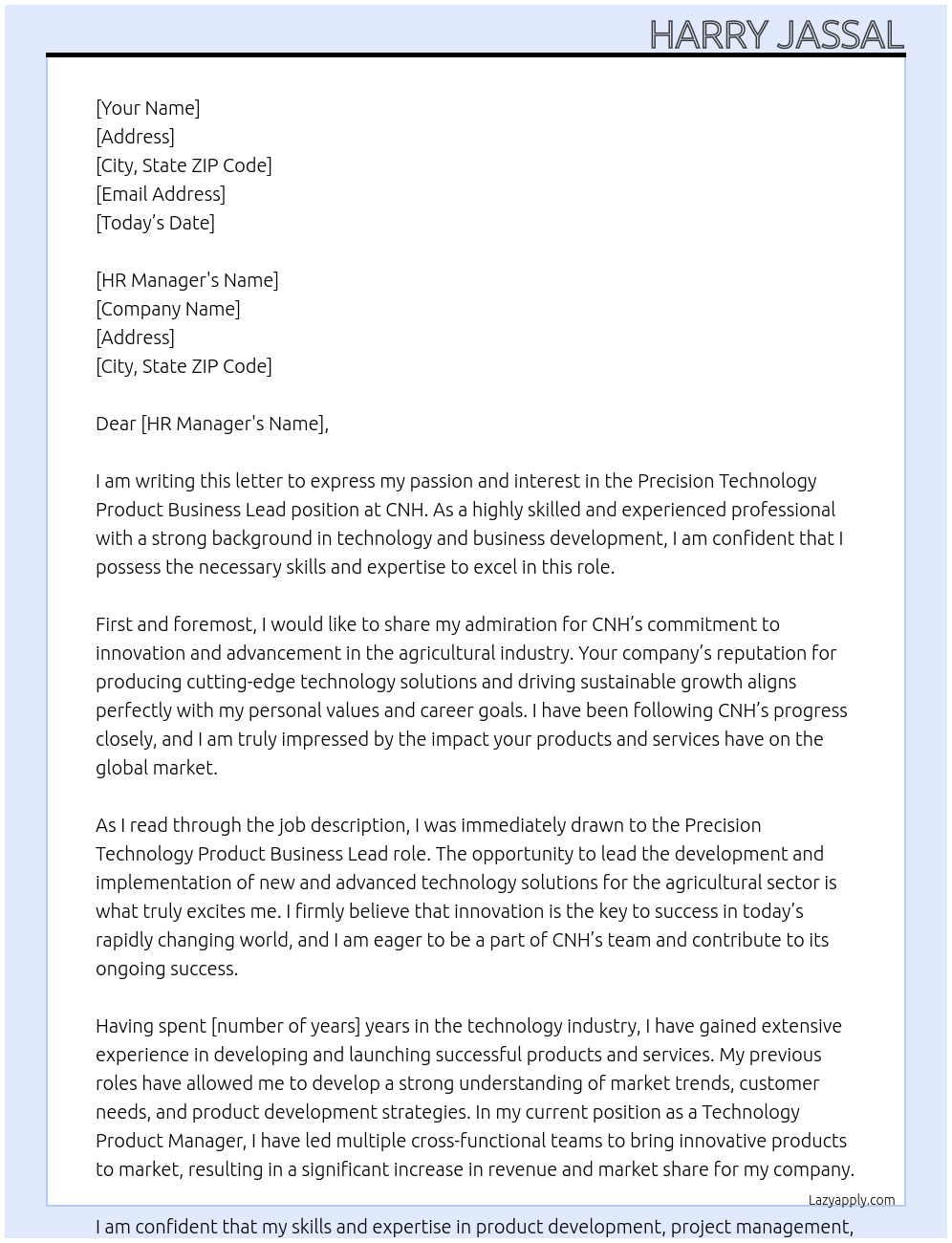 Cover letter for precision technology product business lead - LazyApply