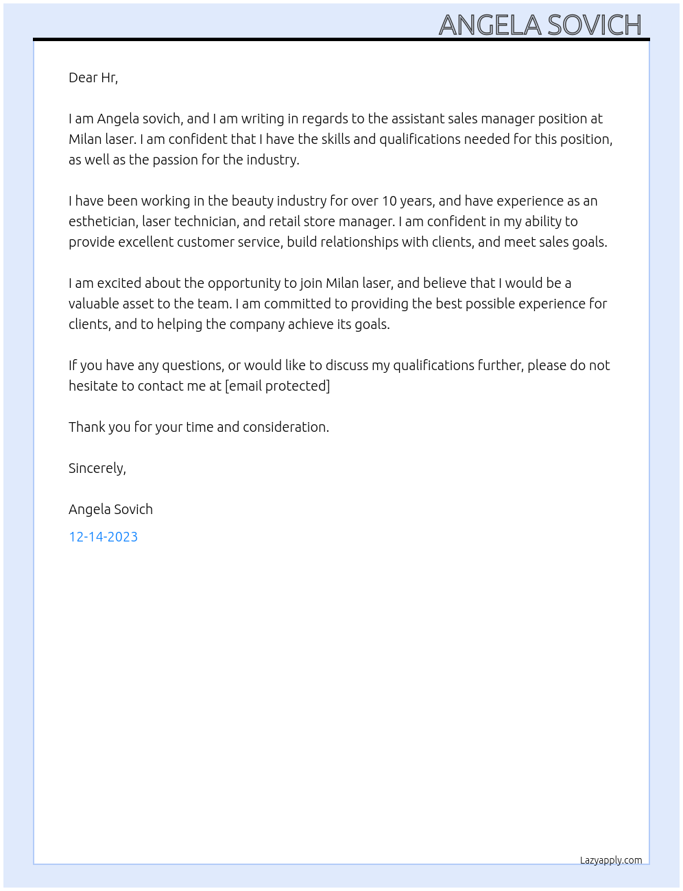 Cover letter for assistant sales manager - LazyApply