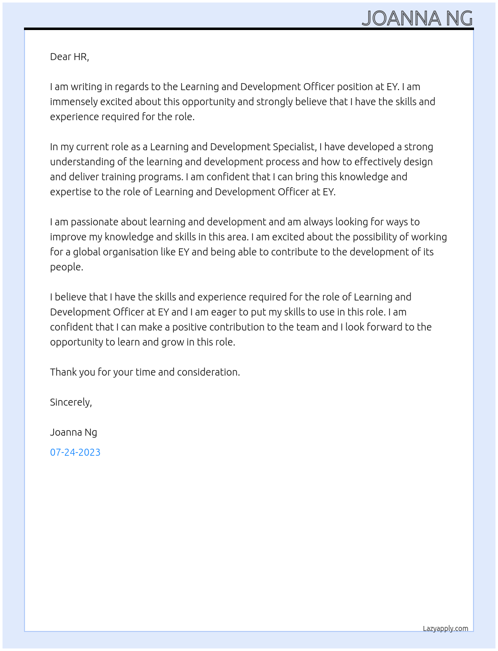 Cover letter for learning and development officer - LazyApply