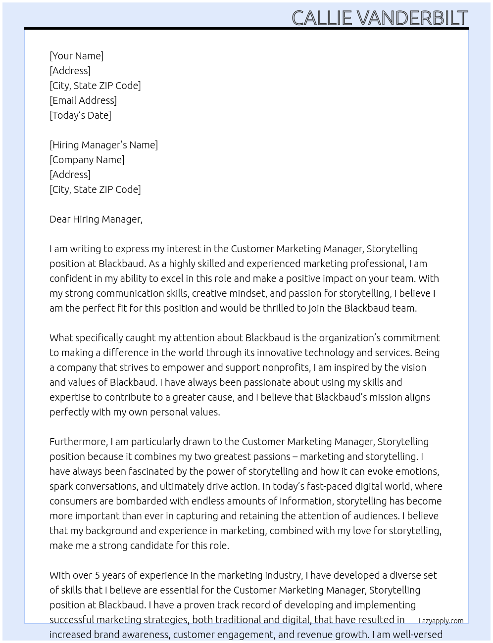 Cover letter for customer marketing manager, storytelling - LazyApply