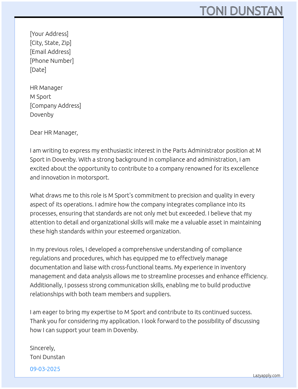 Cover letter for parts administrator - LazyApply