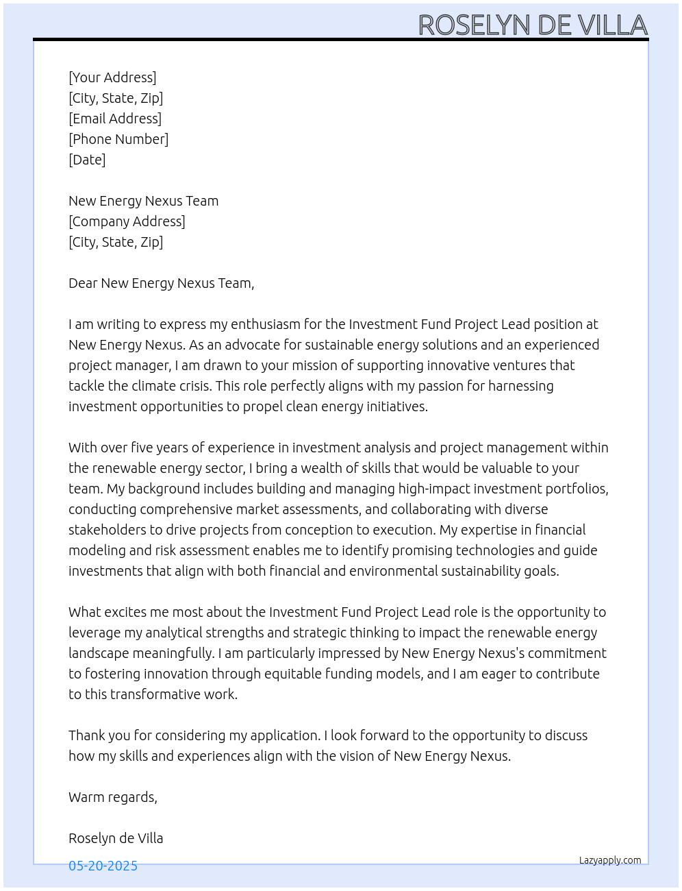 Cover letter for investment fund project lead - LazyApply