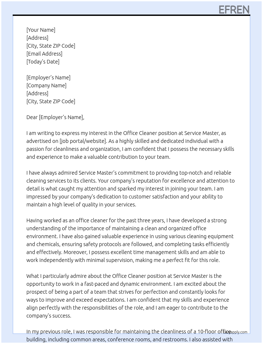 Cover letter for office cleaner - LazyApply