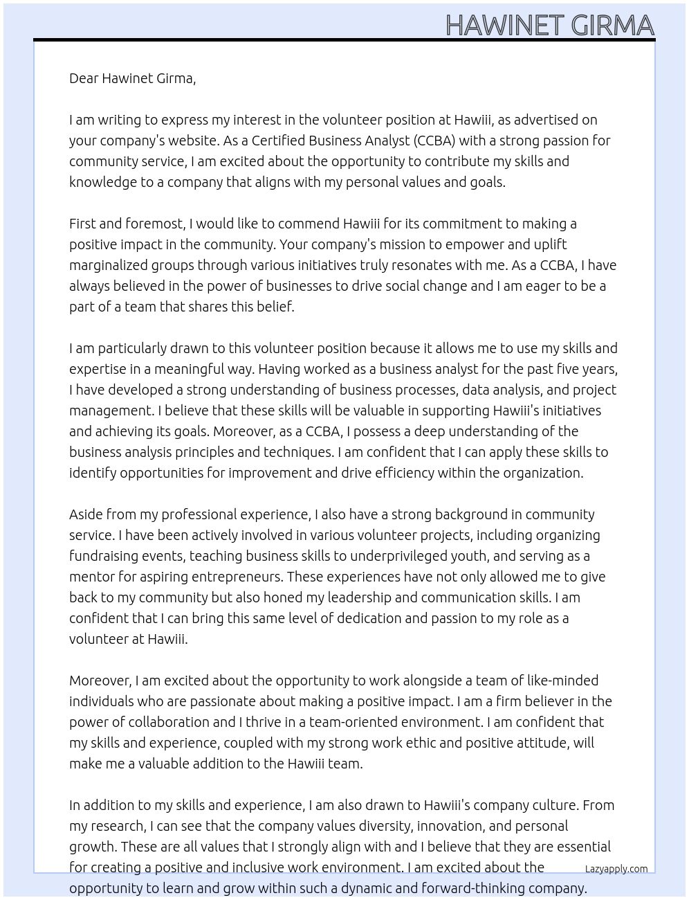 Cover letter for a volunteer for 3 months - LazyApply