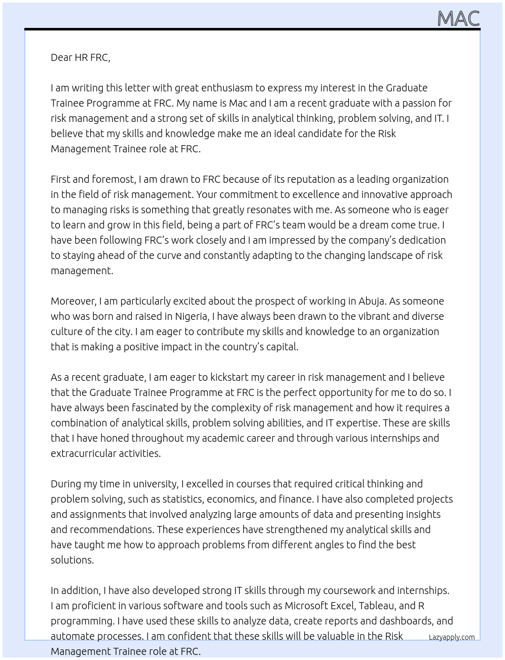 Cover letter for graduate trainee programme - LazyApply