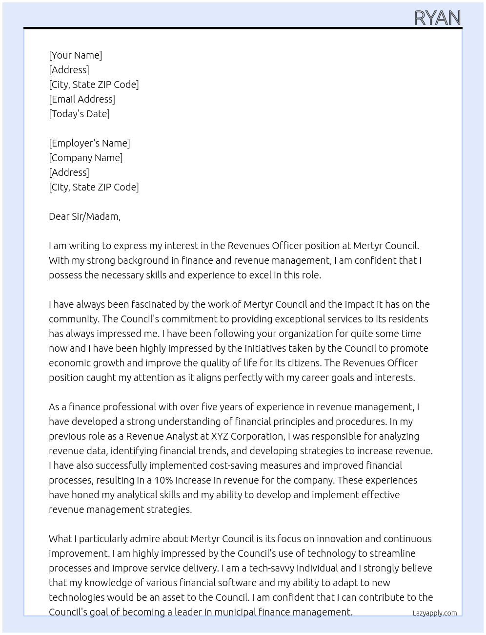 Cover letter for revenues officer - LazyApply