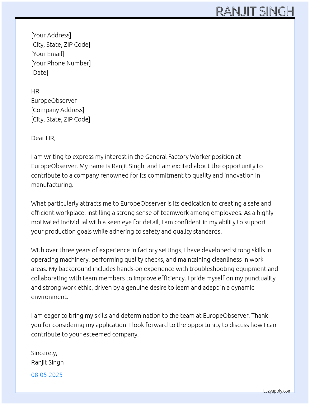 Cover letter for general factory worker - LazyApply