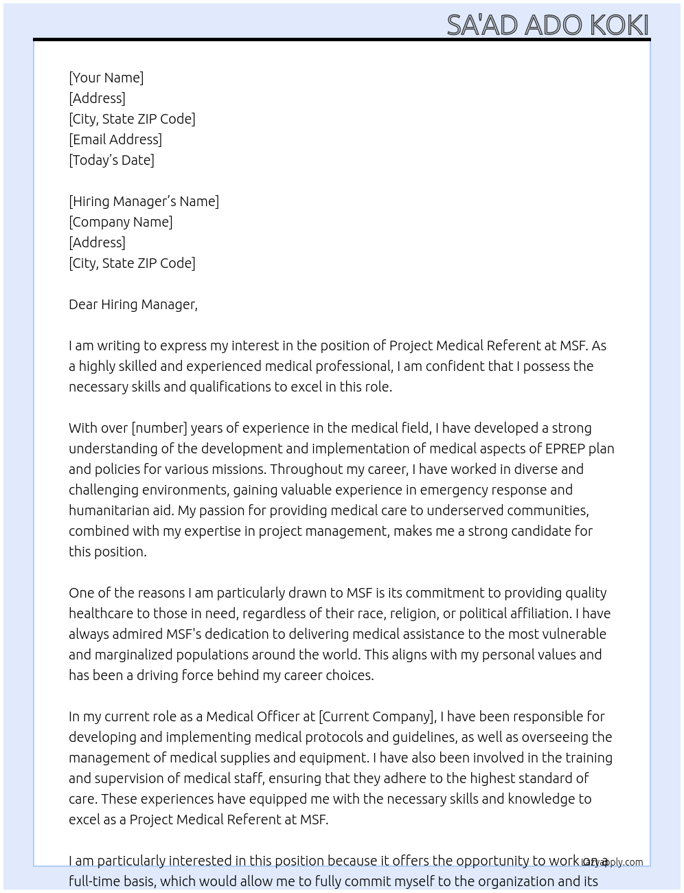 Cover letter for project medical referent - LazyApply