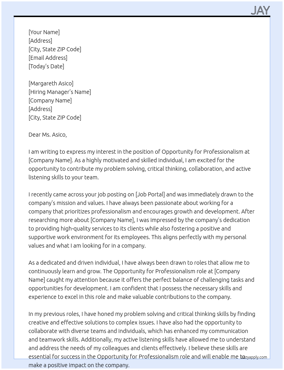 Cover letter for opportunity for professionalism - LazyApply