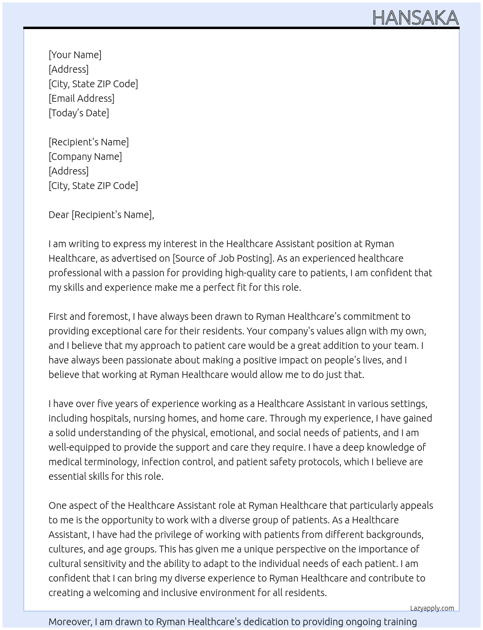 Cover letter for healthcare assistance - LazyApply