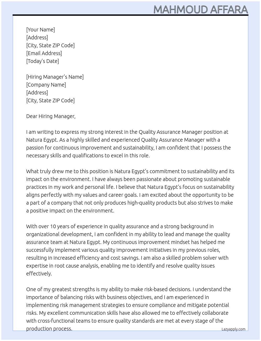 Cover letter for quality assurance manager - LazyApply