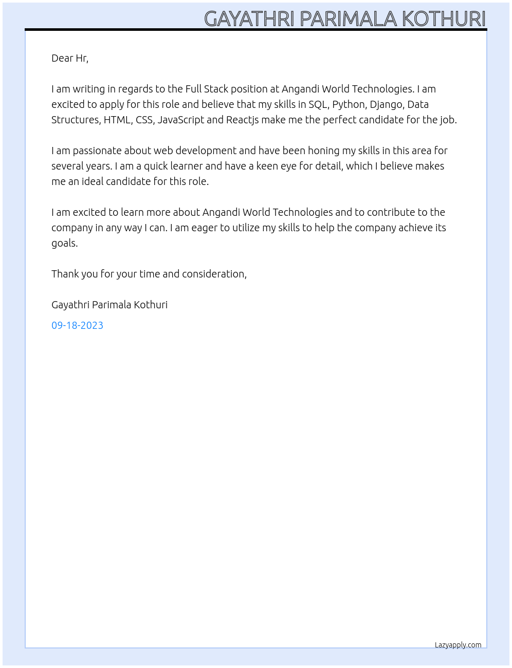 Cover letter for full stack - LazyApply
