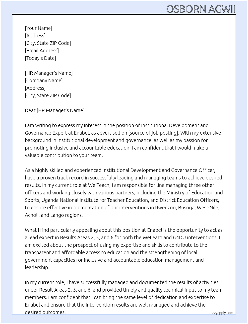 Cover letter for institutional development and governance expert ...