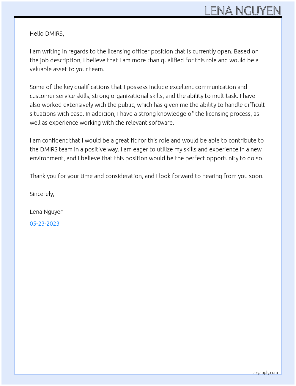 Cover letter for licensing officer - LazyApply