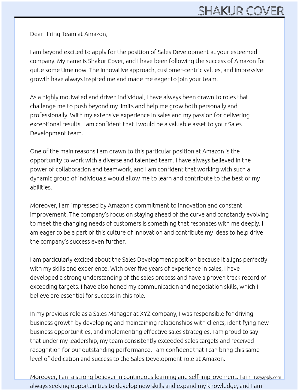 Cover letter for sales development - LazyApply