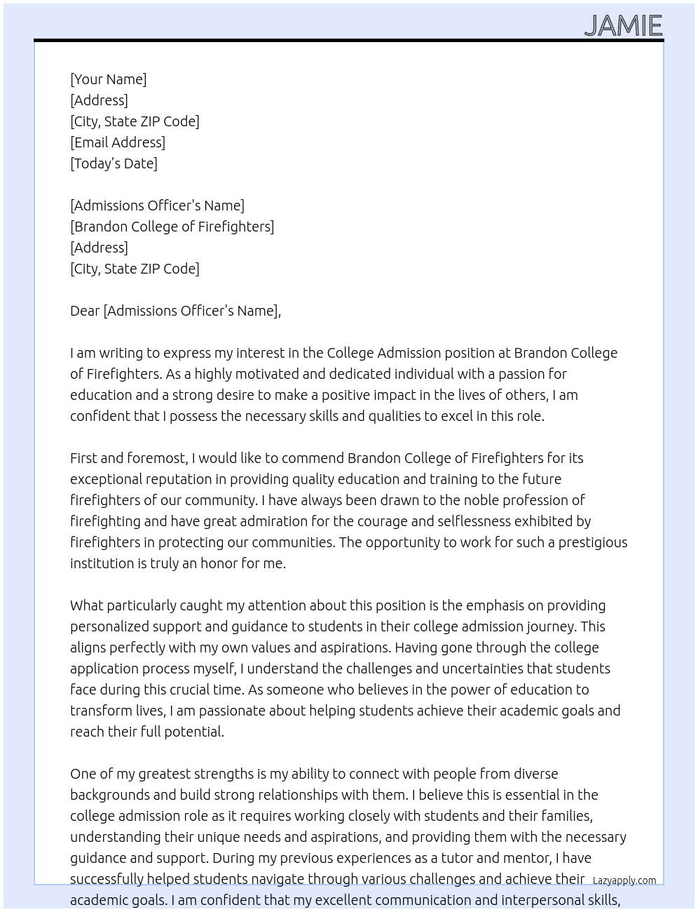 Cover letter for college admission - LazyApply
