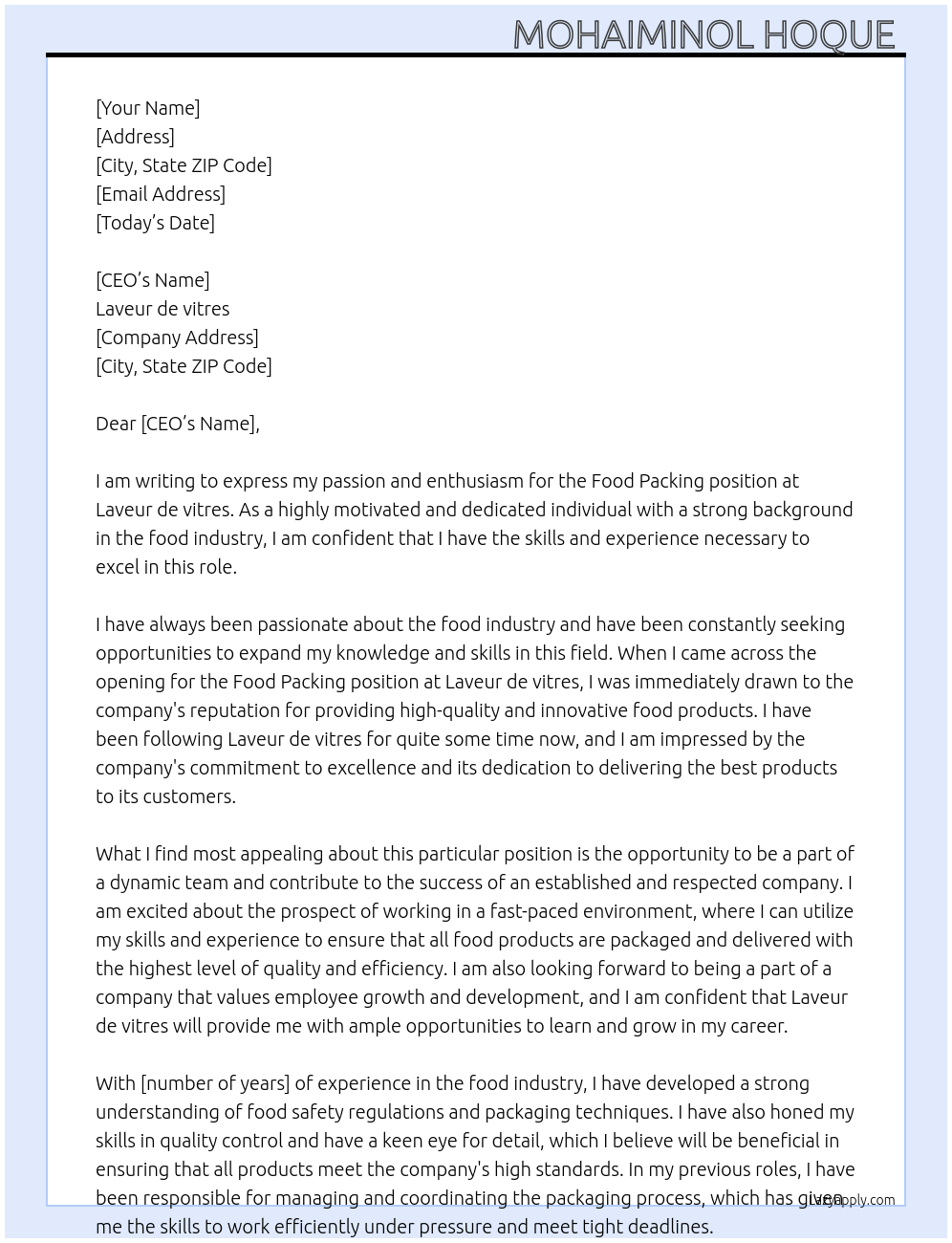 Cover letter for food packing - LazyApply