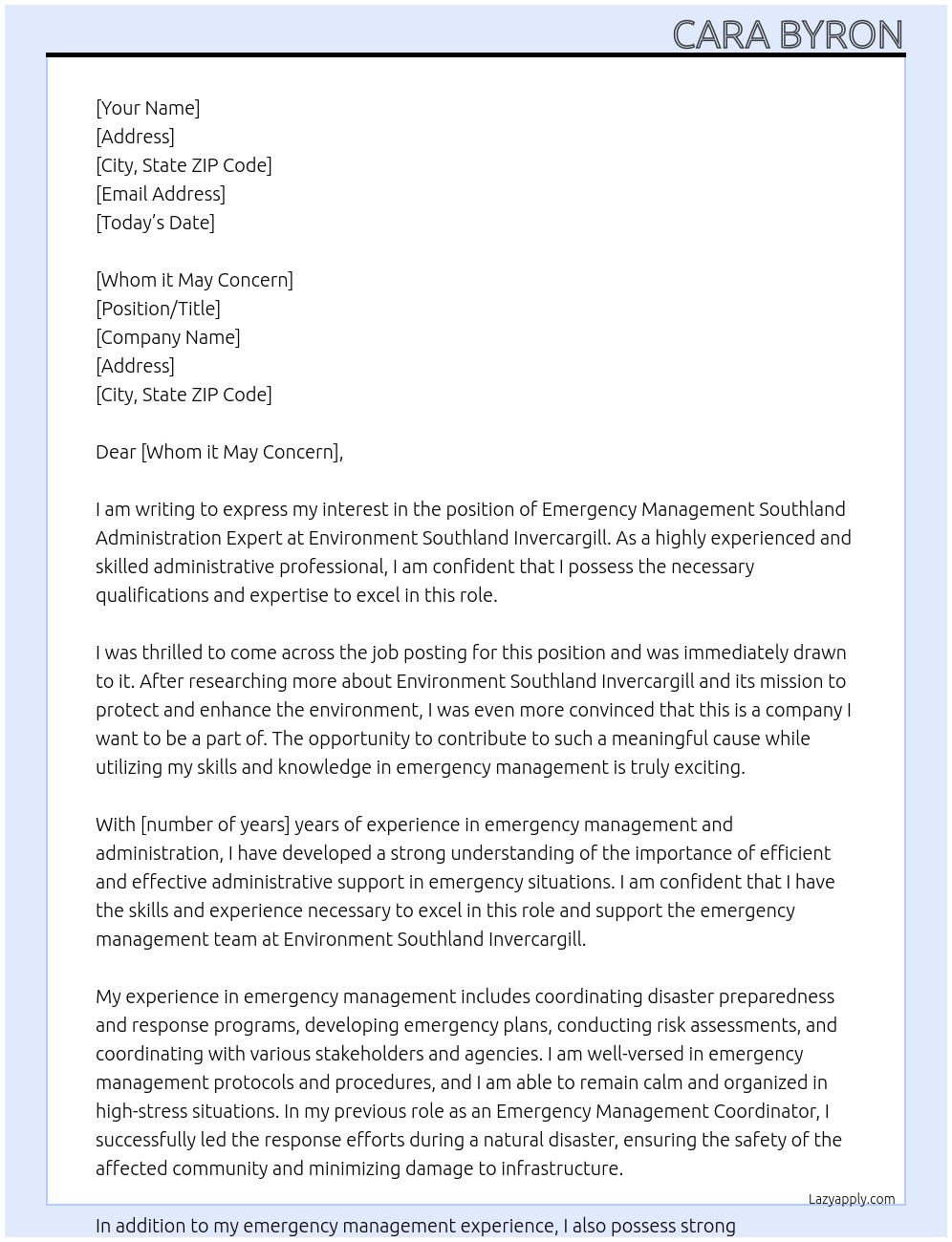 Cover letter for emergency management southland administration ...
