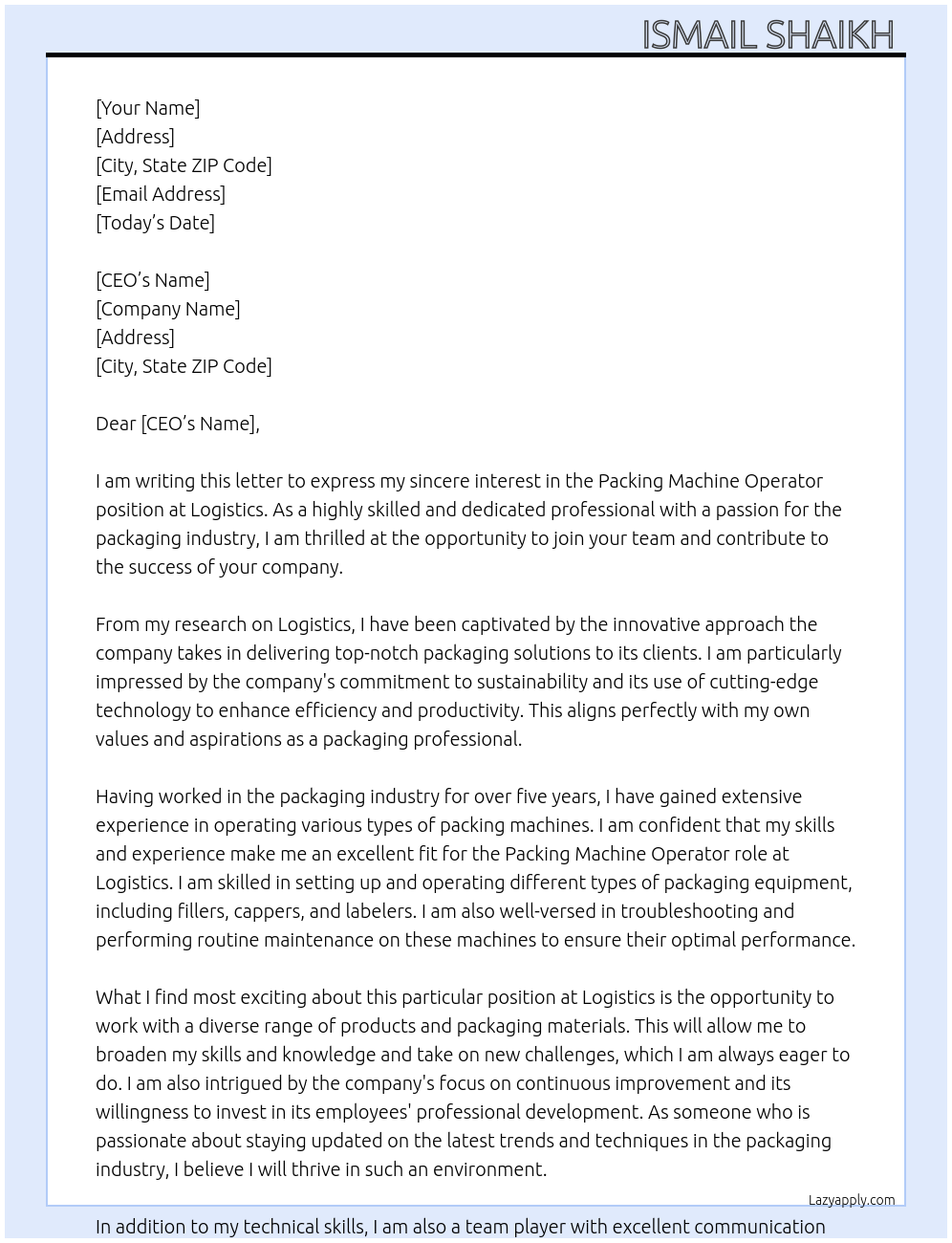 Cover letter for packing machine operator - LazyApply