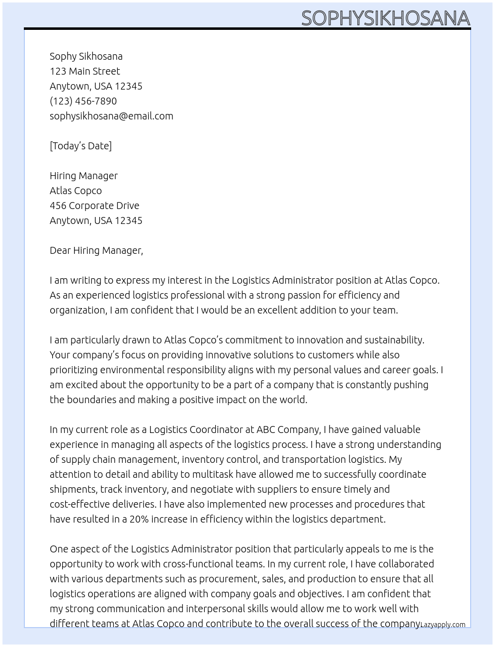 Cover letter for logistics administrator - LazyApply