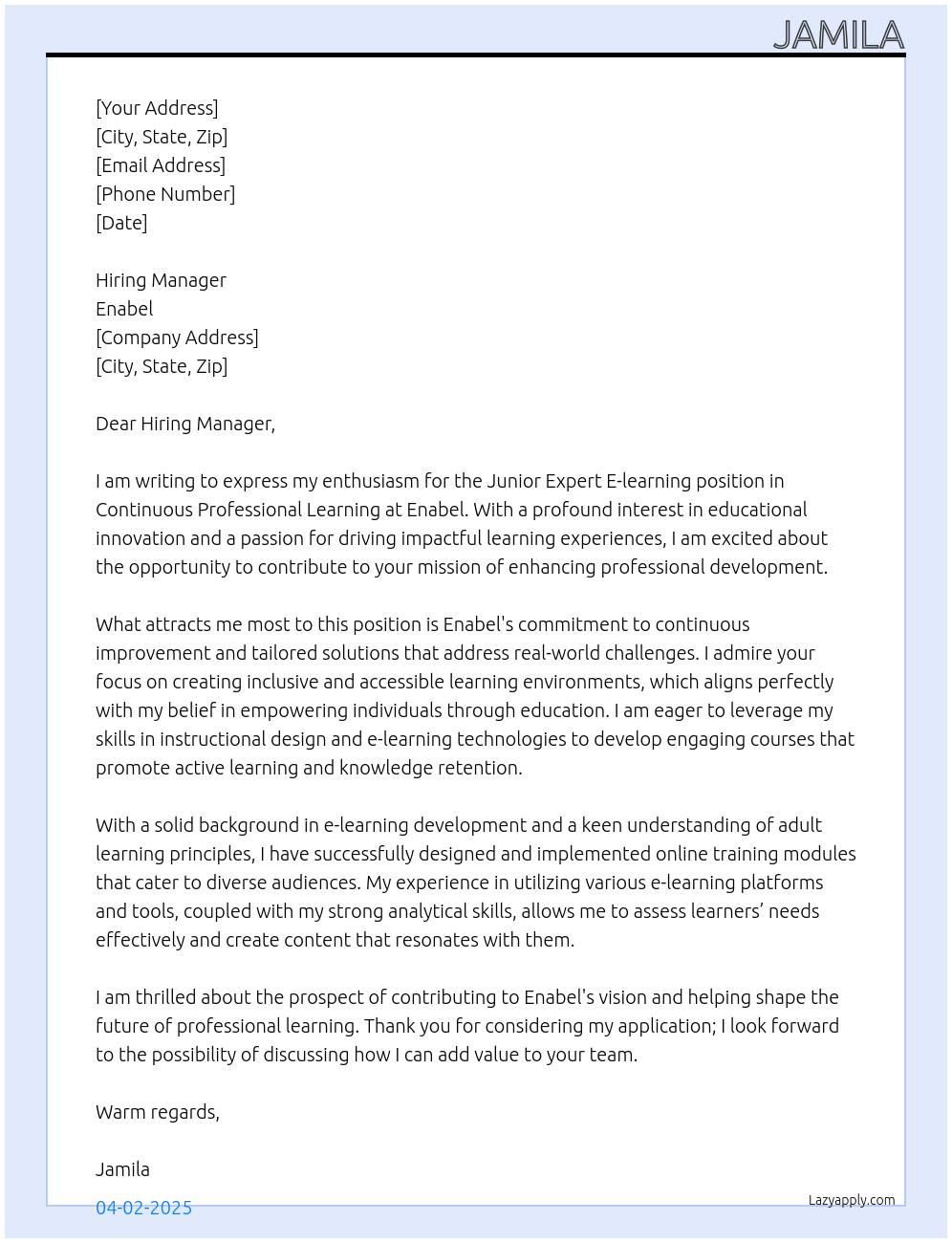 Cover letter for junior expert e-learning in continuous professional ...