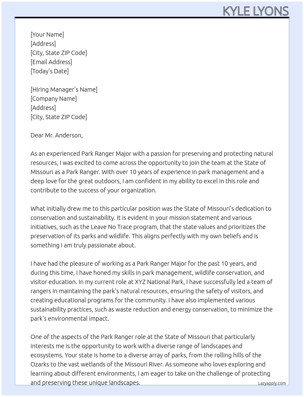 Cover letter for park ranger - LazyApply