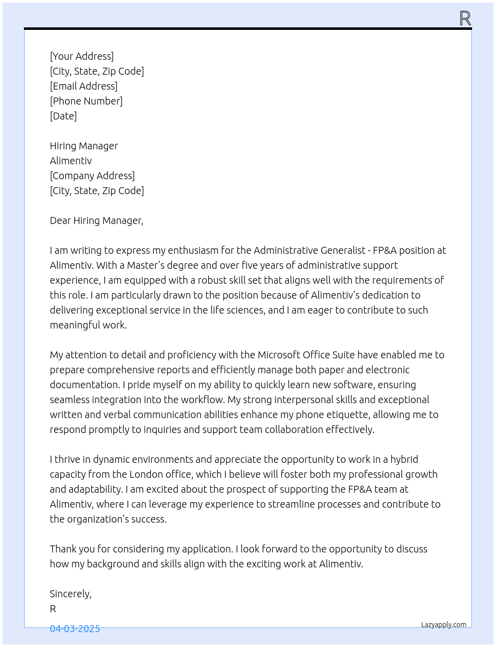 Cover letter for administrative generalist - fp&a - LazyApply