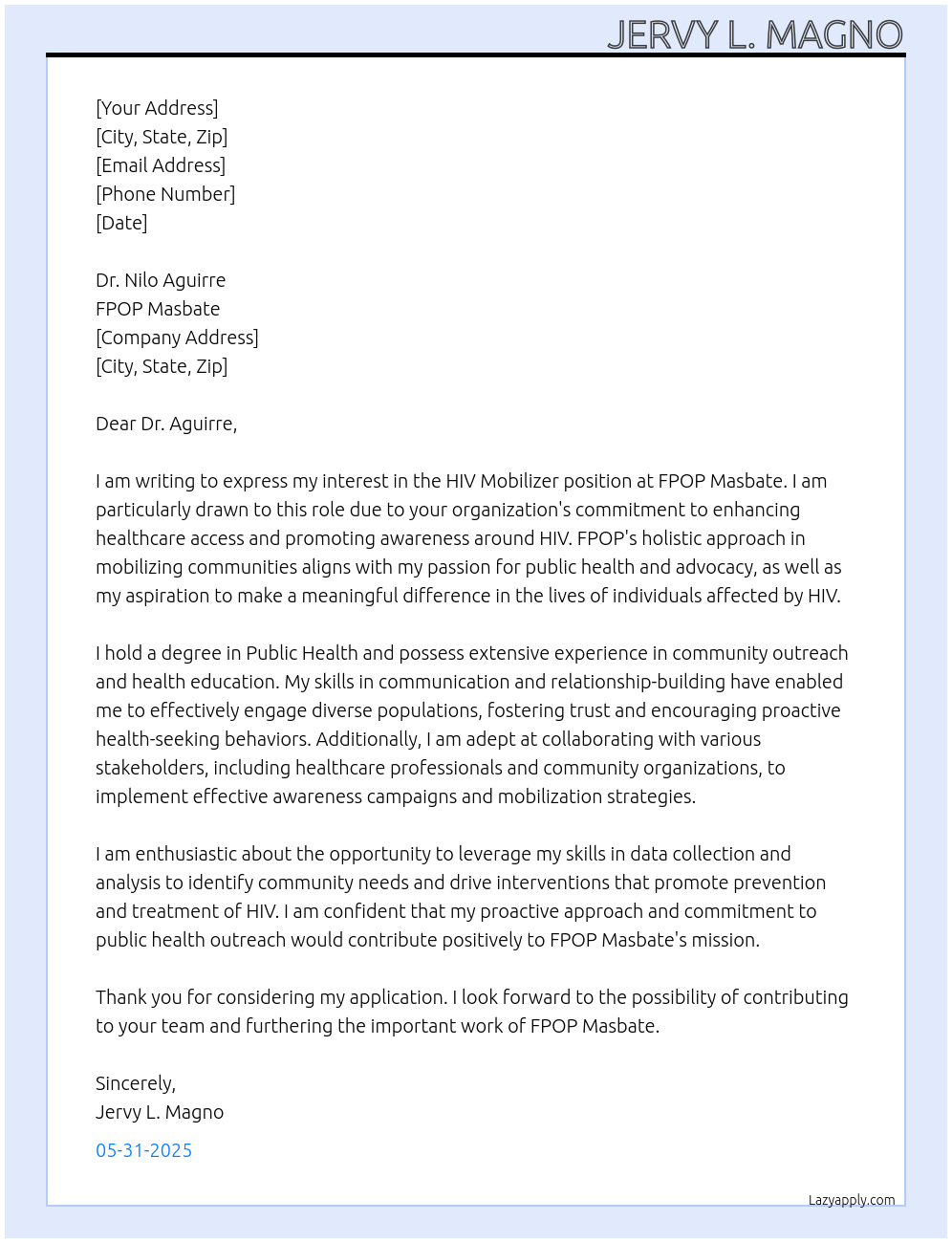 Cover letter for hiv mobilizer - LazyApply