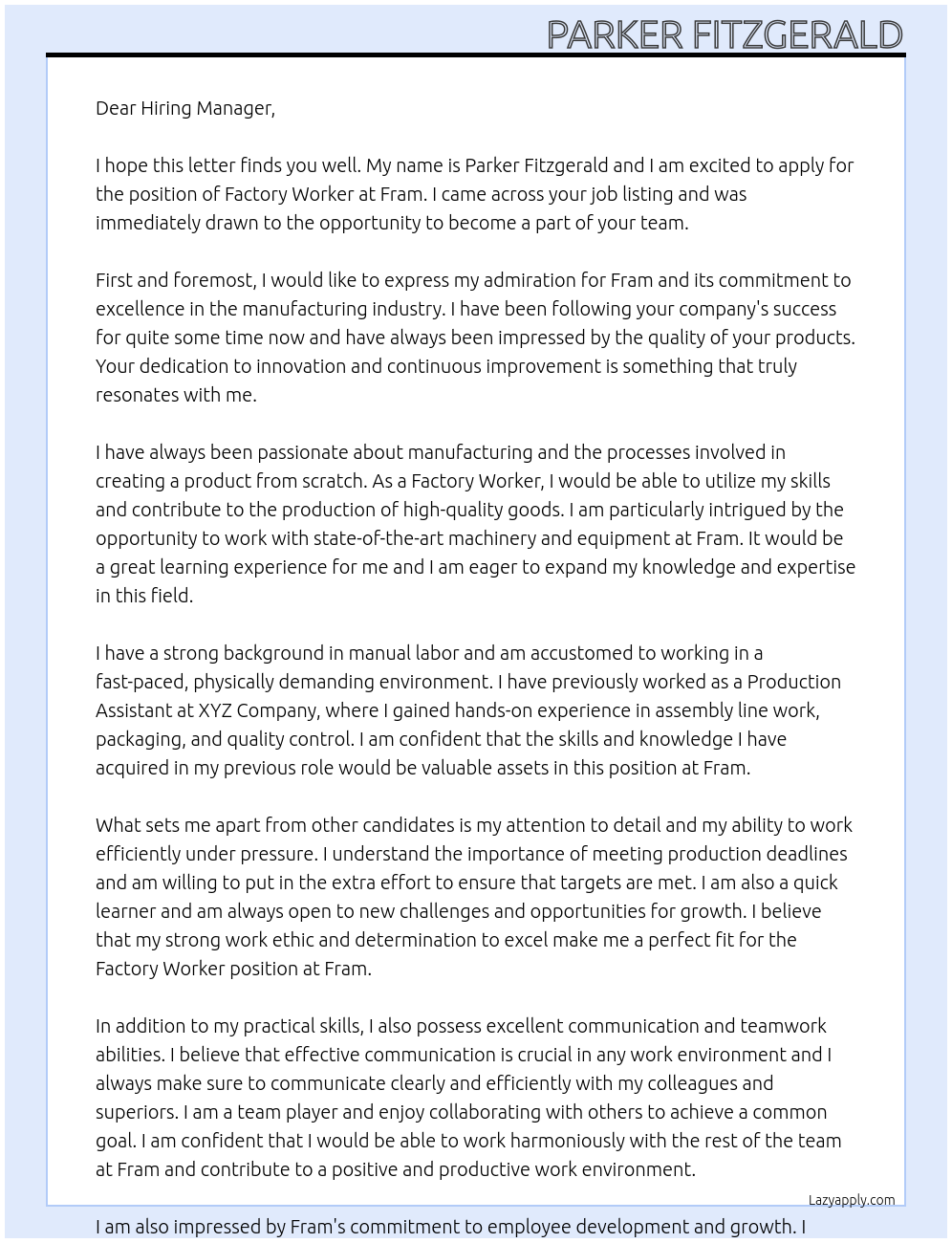 Cover letter for factory worker - LazyApply