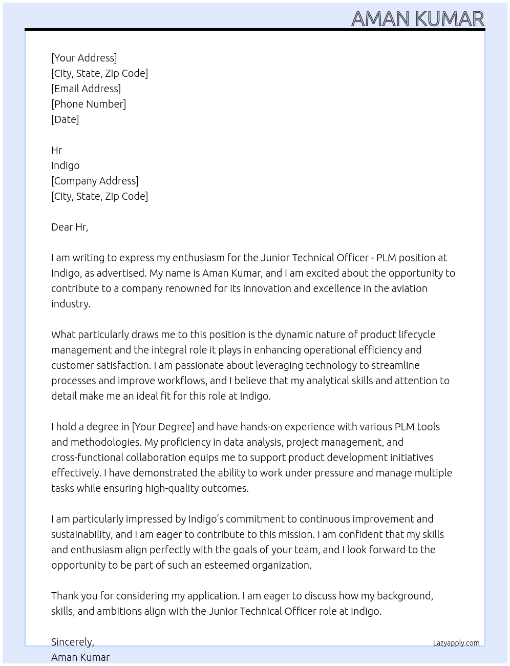 Cover letter for junior technical officer - plm - LazyApply