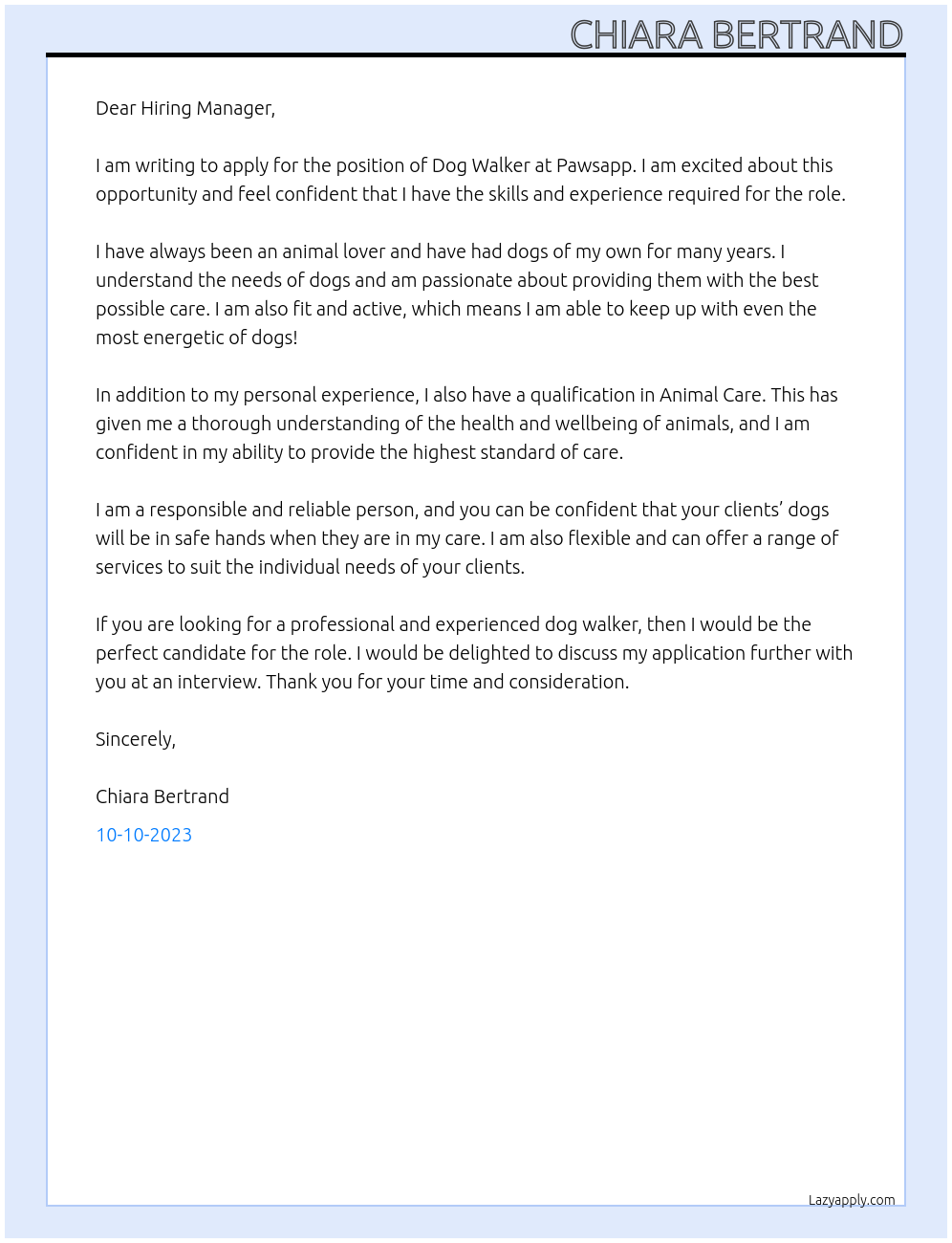 Cover letter for dog walker - LazyApply