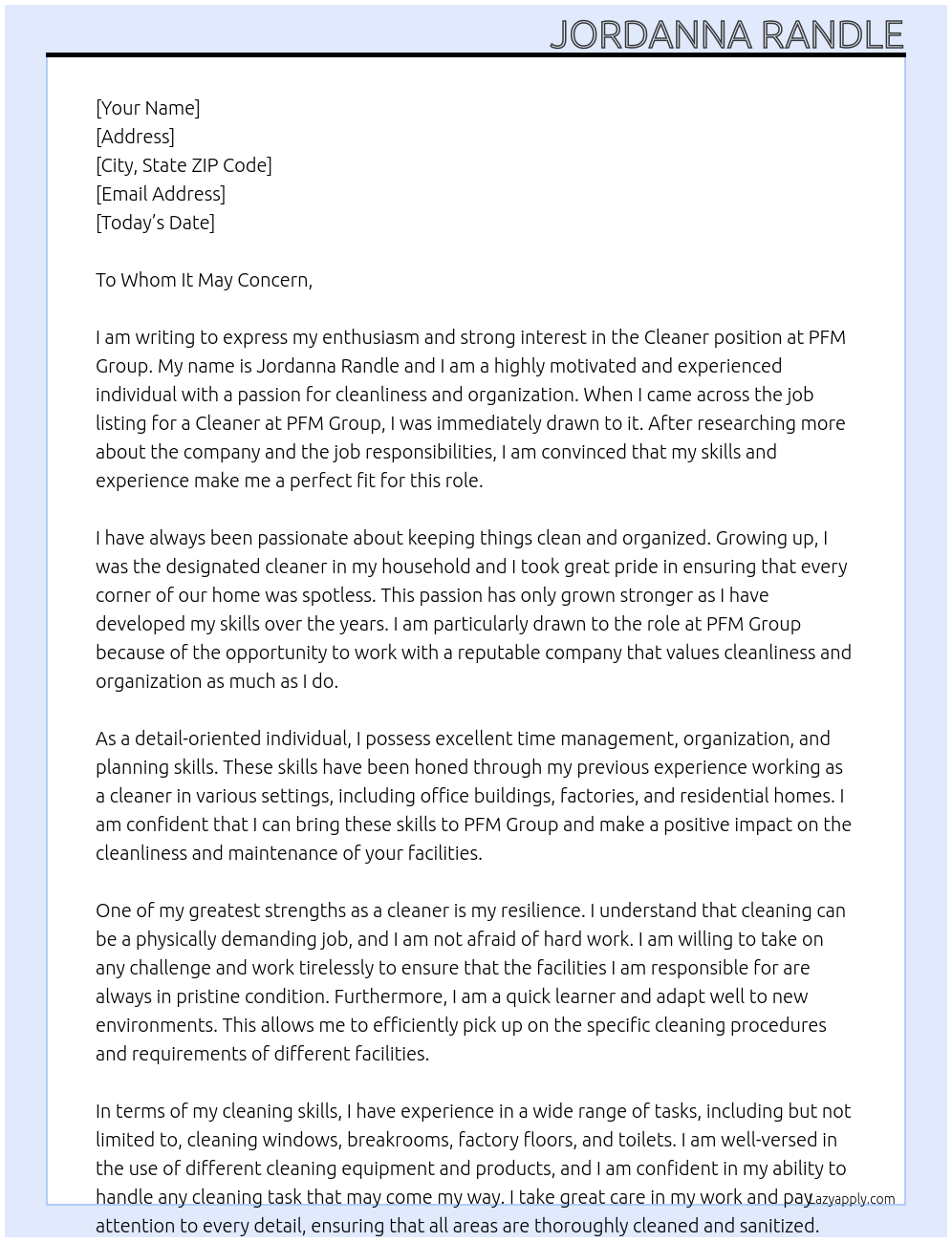 Cover letter for cleaner - LazyApply