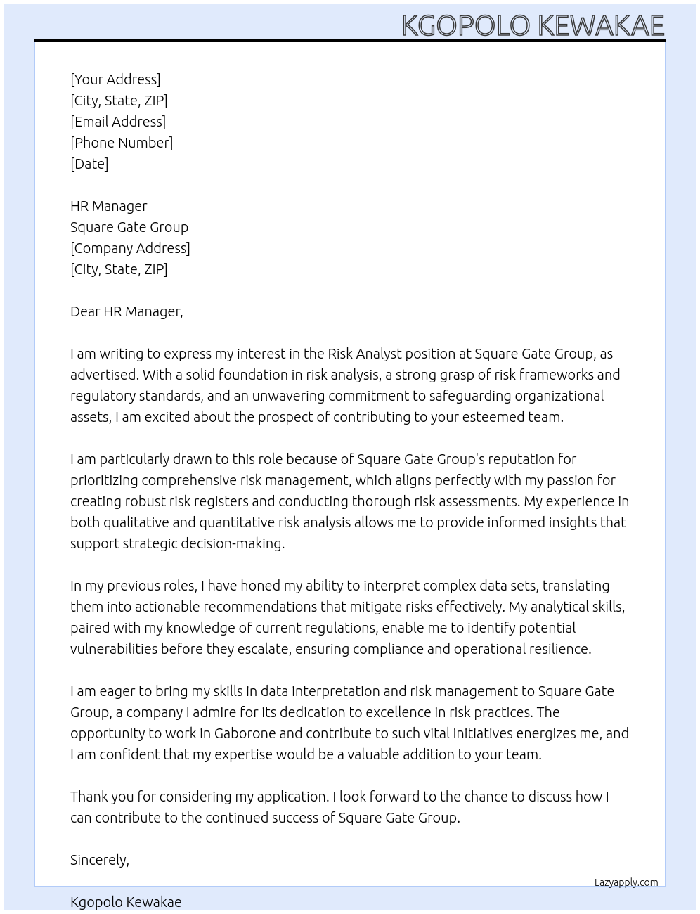 Cover letter for risk analyst - LazyApply