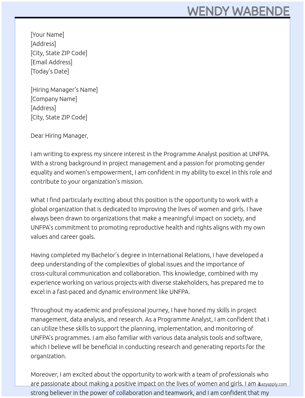 Cover letter for programme analyst - LazyApply