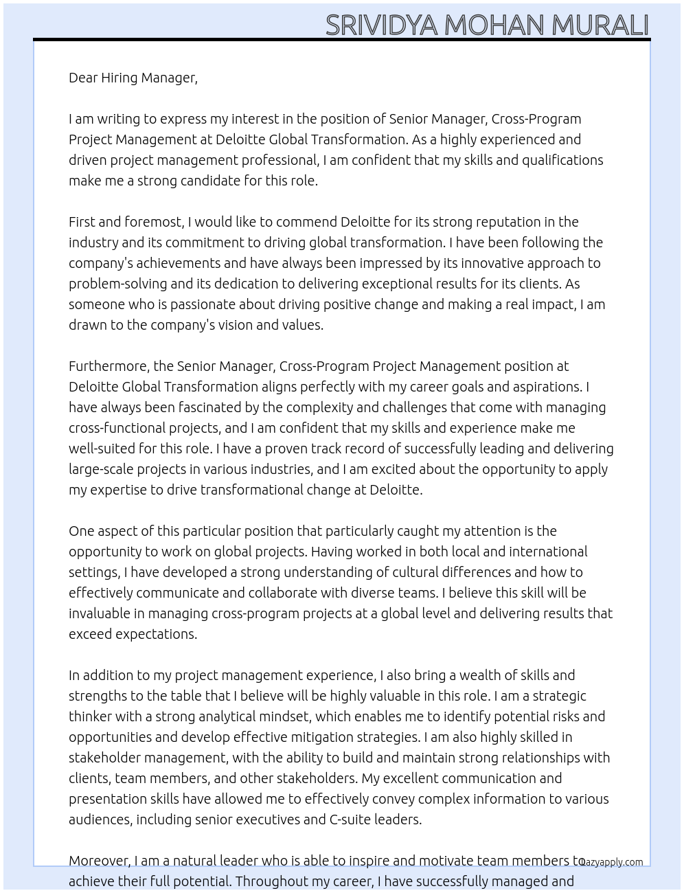 Cover letter for senior manager, cross-program project management ...