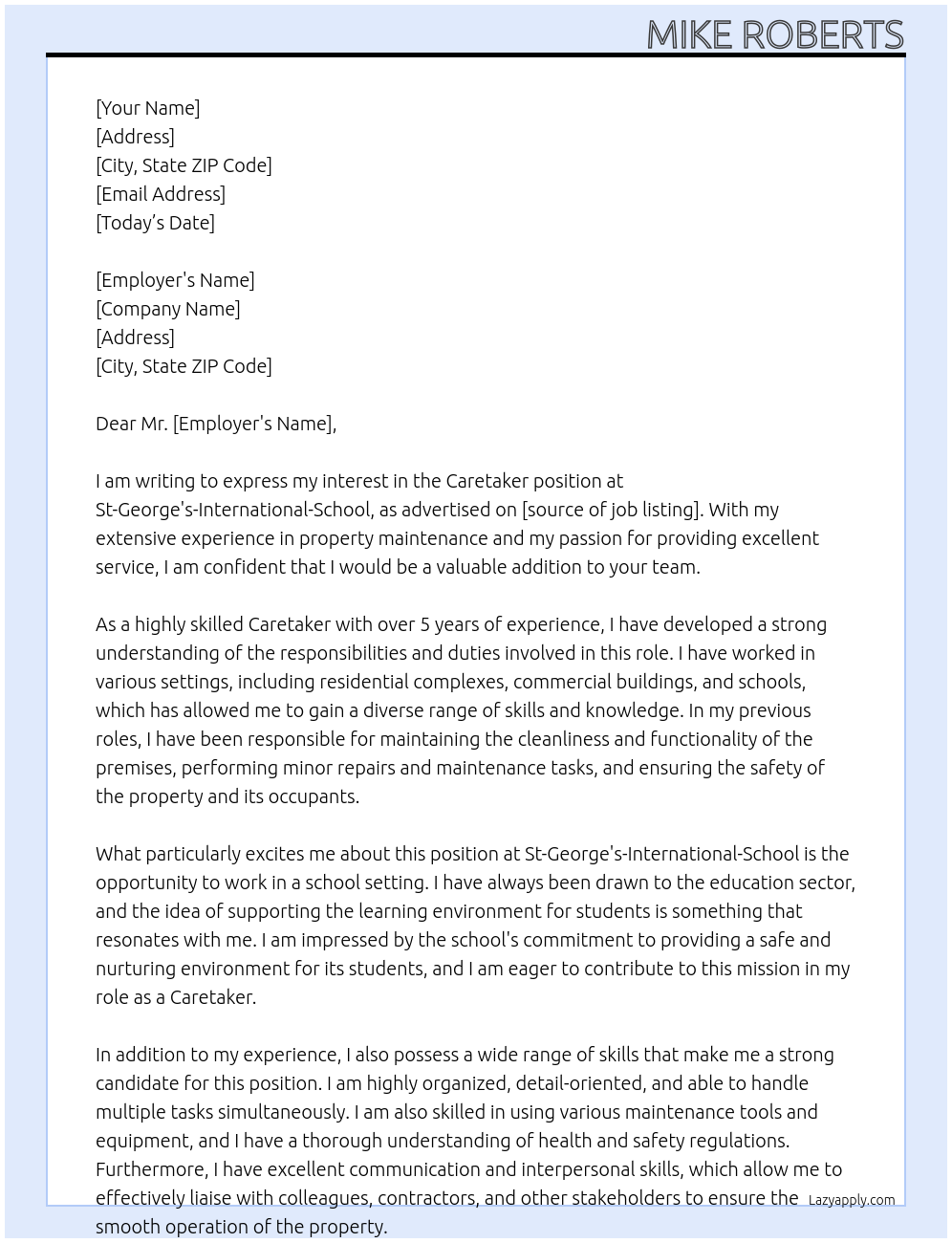 Cover letter for caretaker - LazyApply